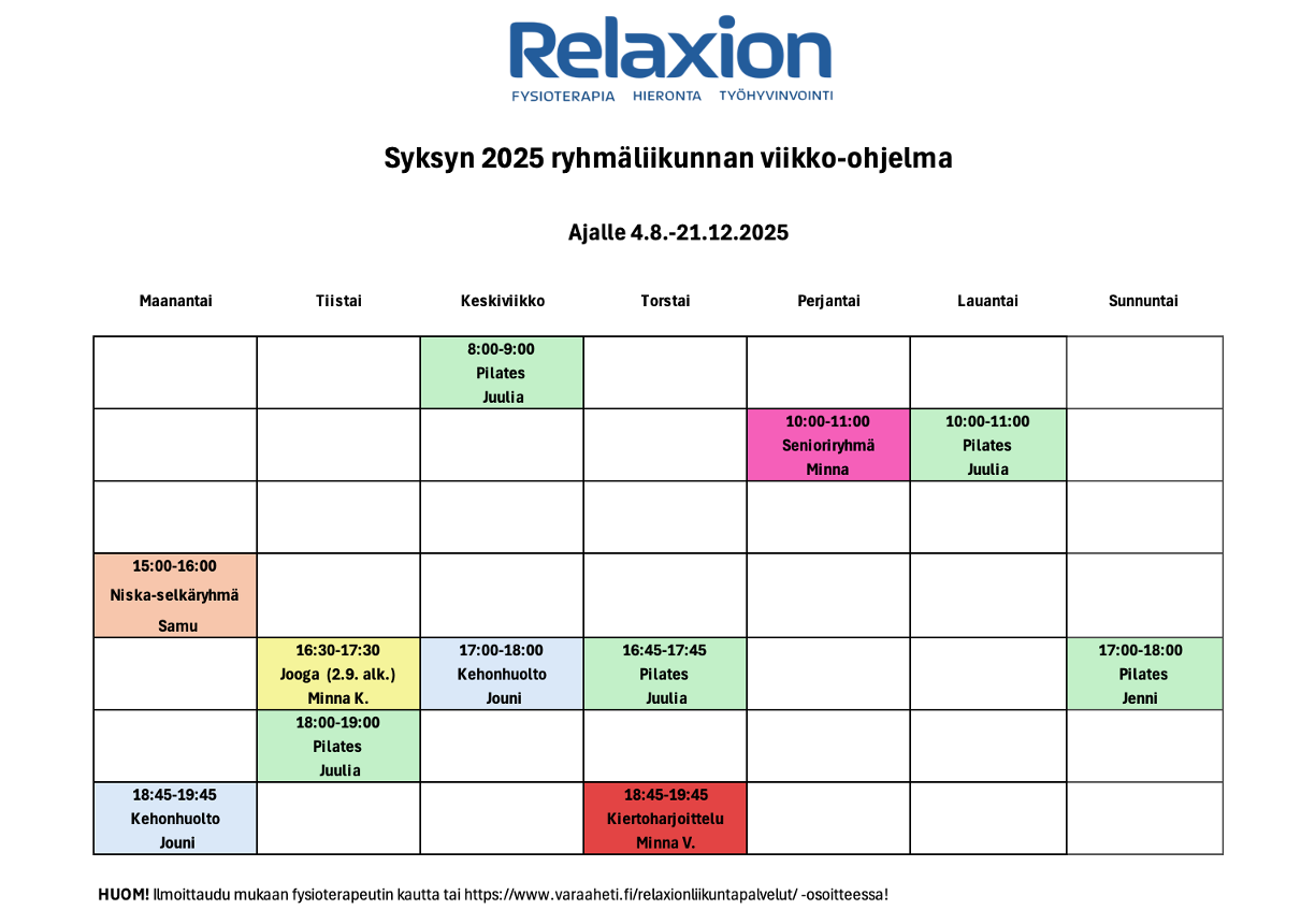 2025 Syksyn viikko-ohjelma | Relaxion